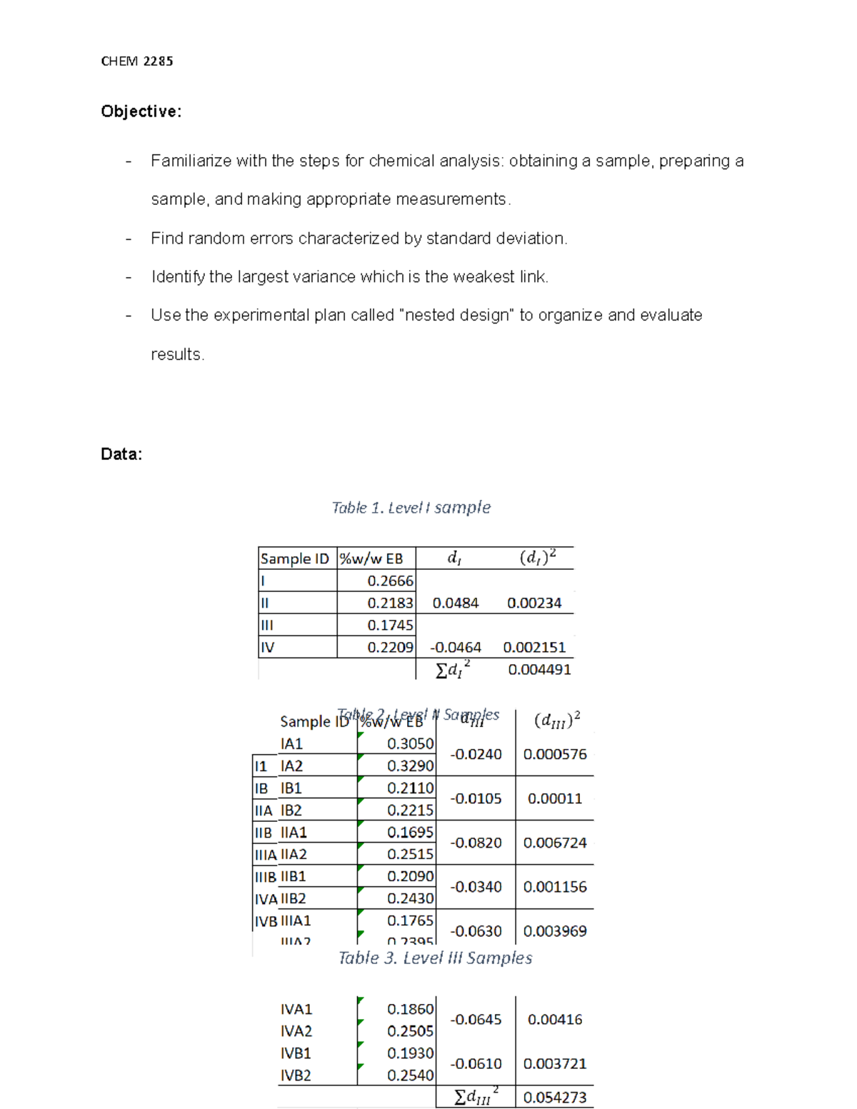 Lab Report Sources of Variance - Objective: Familiarize with the steps for chemical analysis ...