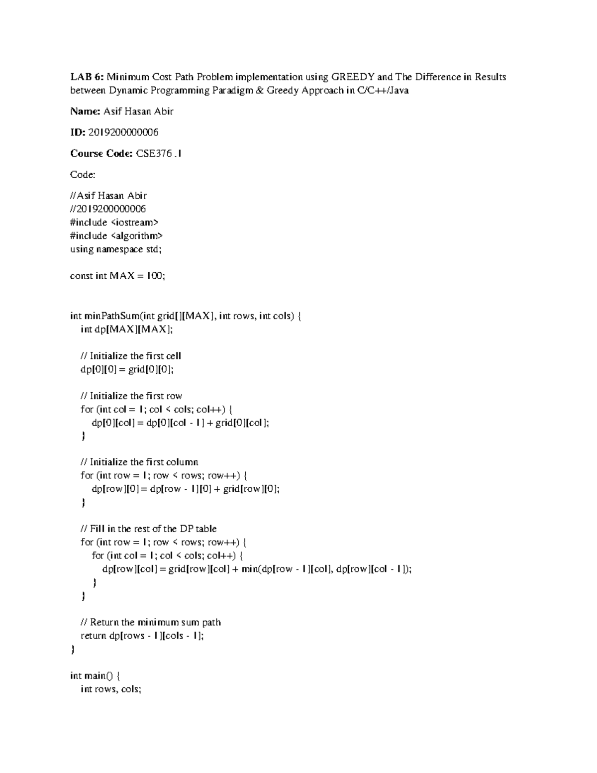 2019 200000006 Advanced Algorithm Lab Reports Lab 6 Minimum Cost Path Problem