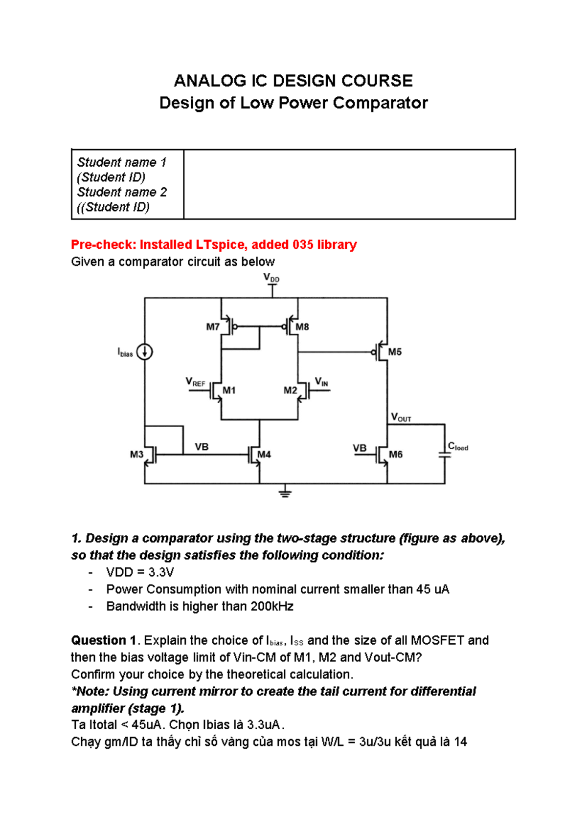 Design-of-Comparator - ANALOG IC DESIGN COURSE Design of Low Power Comparator Student name 1 ...