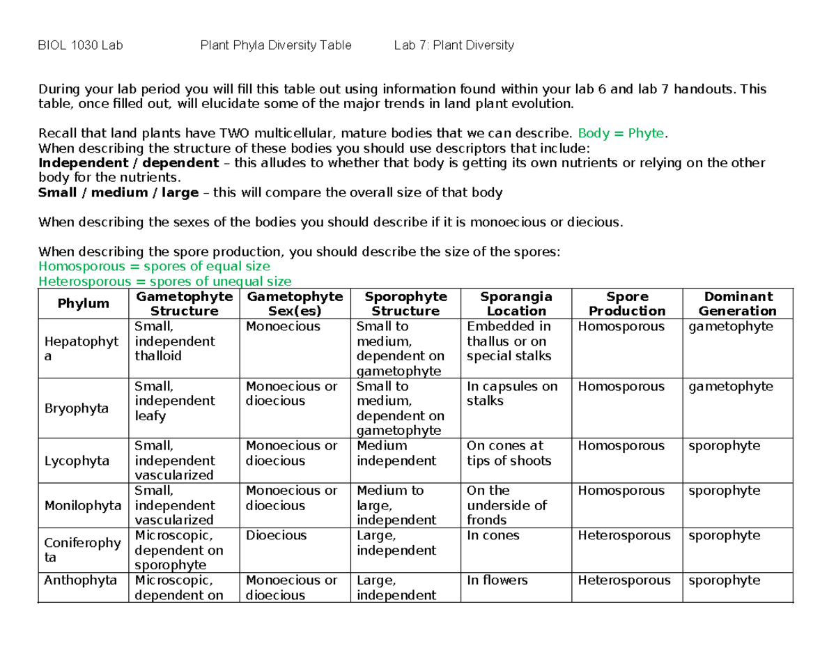 Lab 7 Plant Diversity Table - BIOL 1030 Lab Plant Phyla Diversity Table ...