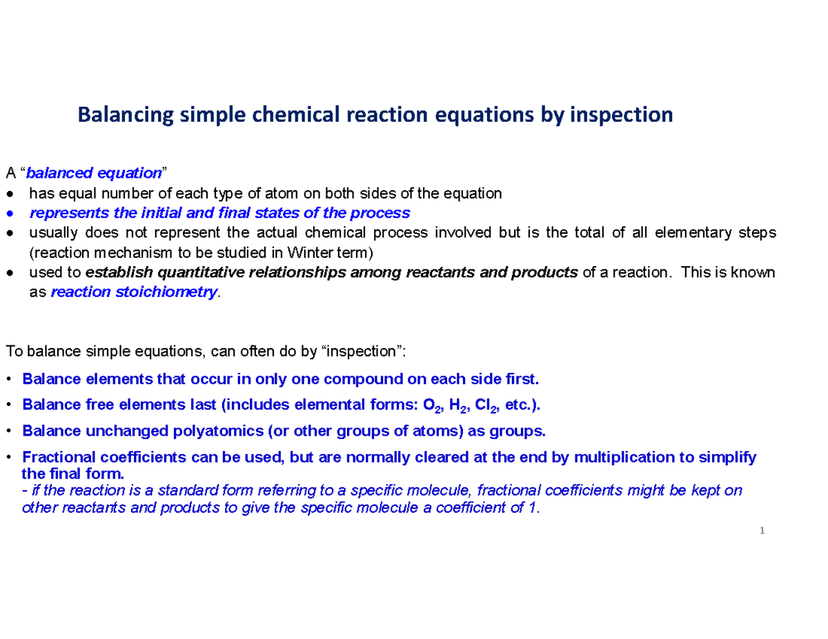 Solutions-Mod1-Review-L4-balancing equations - A “ balanced equation ” has equal number of each ...