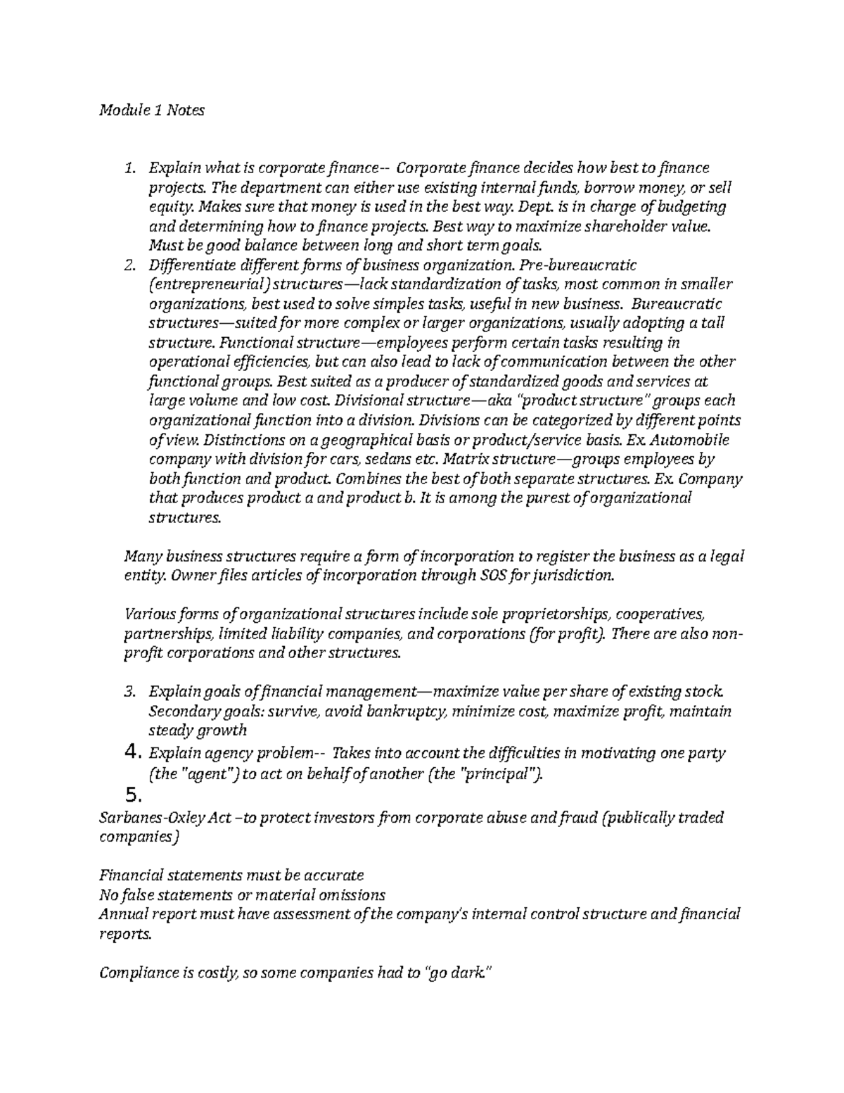 Module 1 Notes - Module 1 Notes 1. Explain what is corporate finance ...