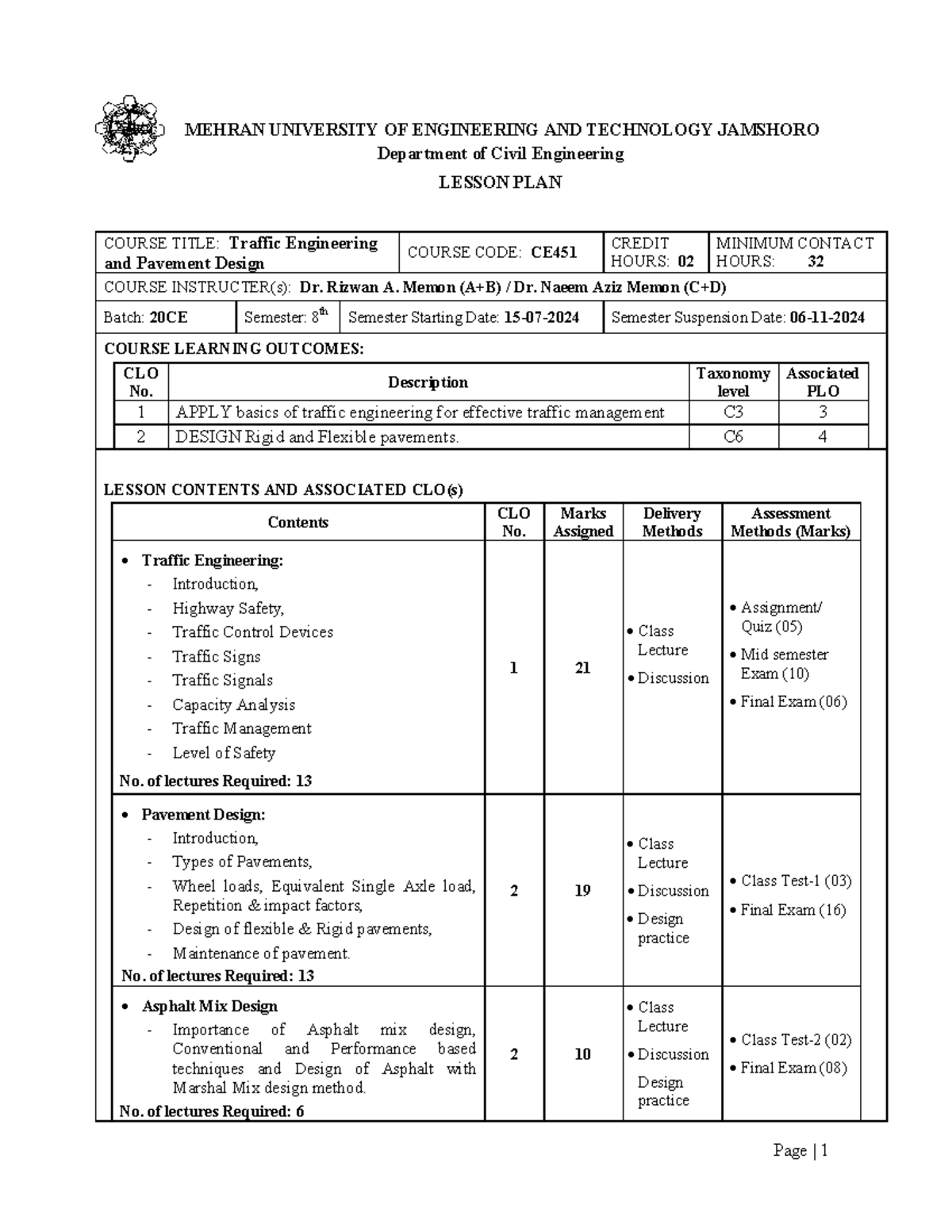 Lesson Plan Traffic Engg & Pavement Design (20CE) - Page | 1 MEHRAN ...