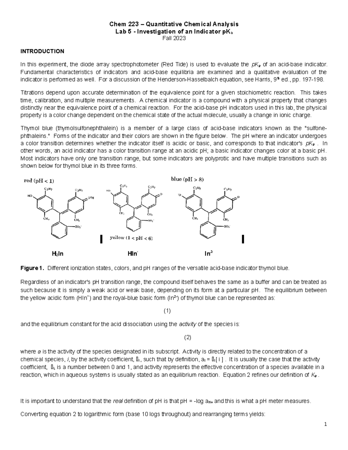 Lab Handout 5 - Investigation of an Indicator p Ka - 2023 - Chem 223 ...