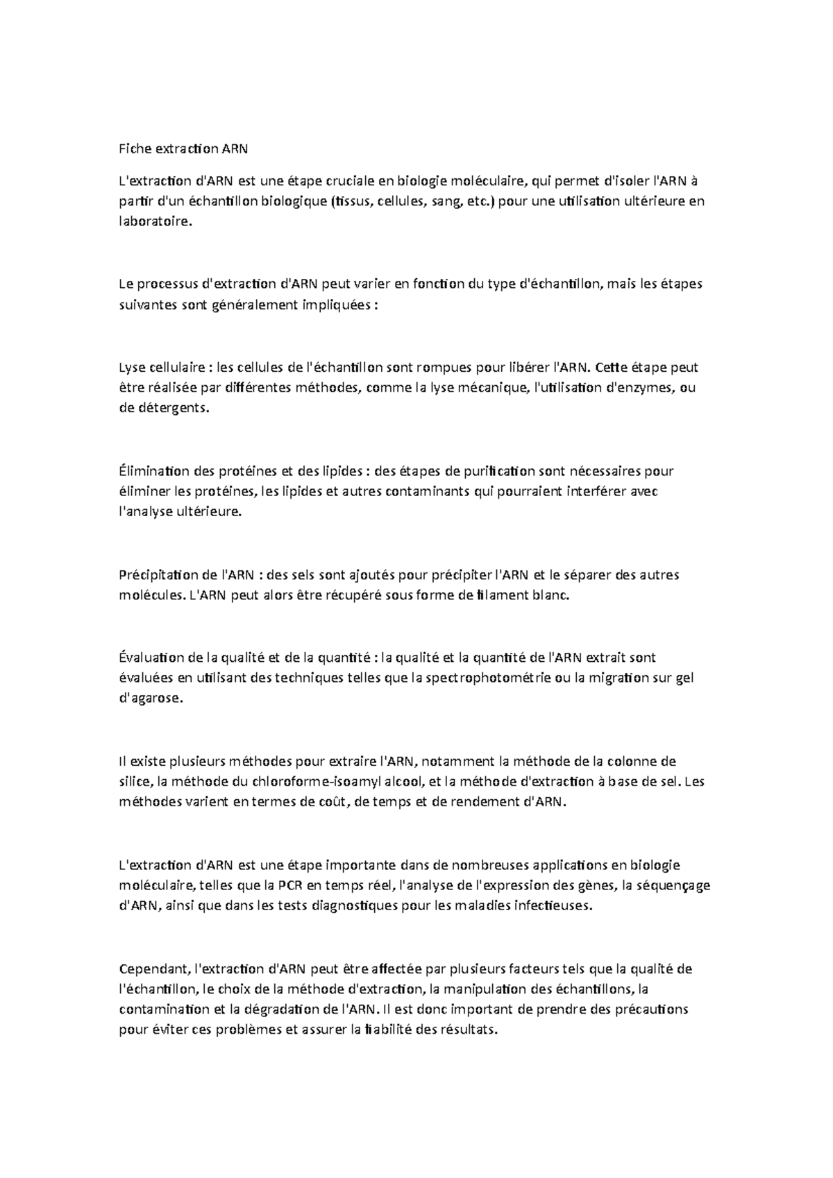 Fiche extraction ARN - Fiche extraction ARN L'extraction d'ARN est une ...
