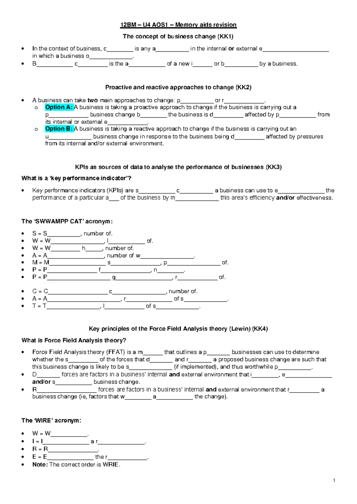 12BM - U4 AOS1 - Memory aids revision worksheet - 1 12BM – U4 AOS1 ...
