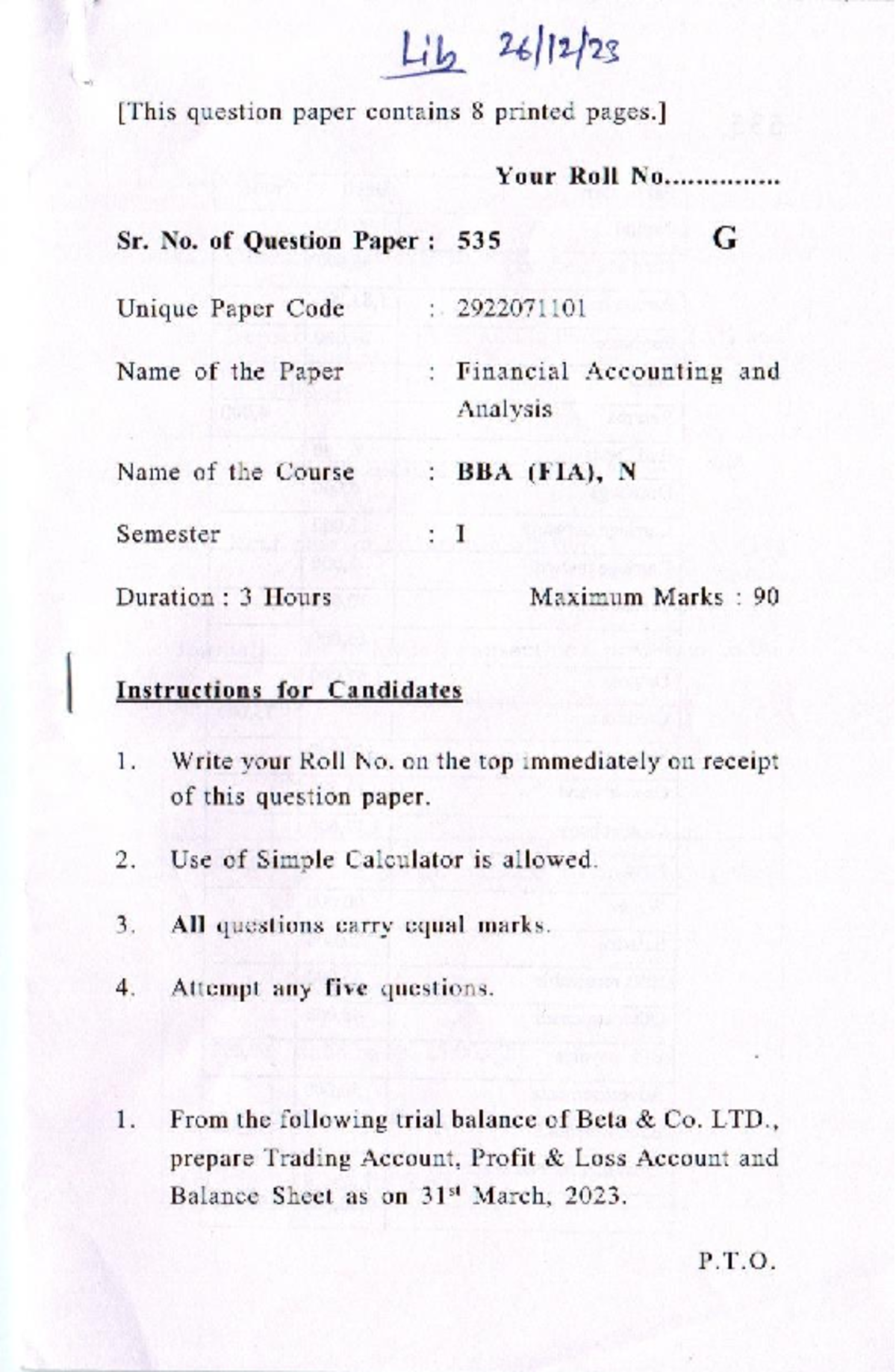 2024 Financial Accounting and Analysis - Lib question paper contains 8 ...
