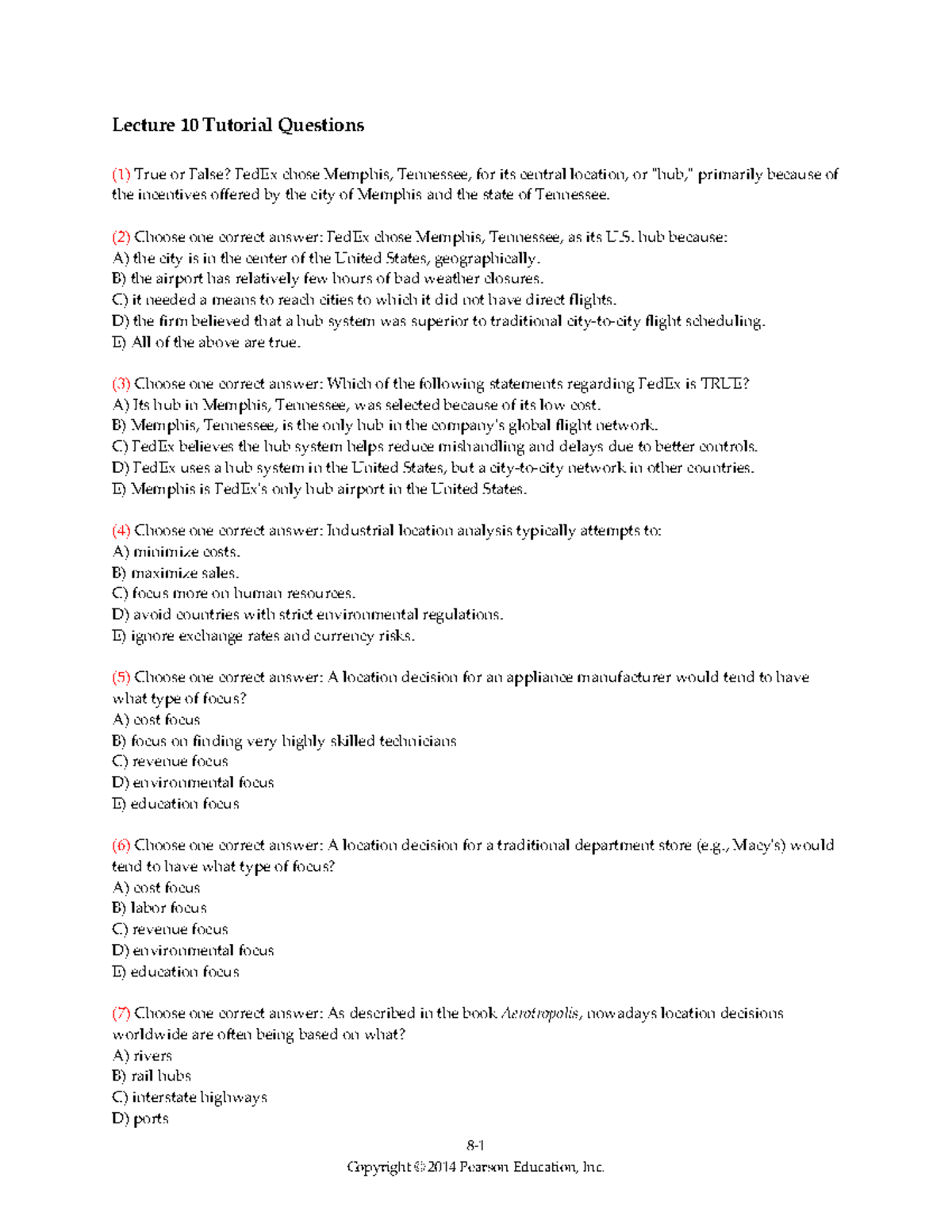 POM Lecture 10 Tutorial Questions - 8 - 1 Lecture 10 Tutorial Questions (1) True or False? FedEx ...