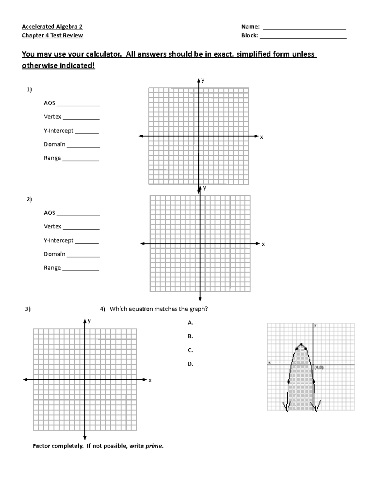 Chapter 4 Test Review - Honework - Accelerated Algebra 2 Name ...