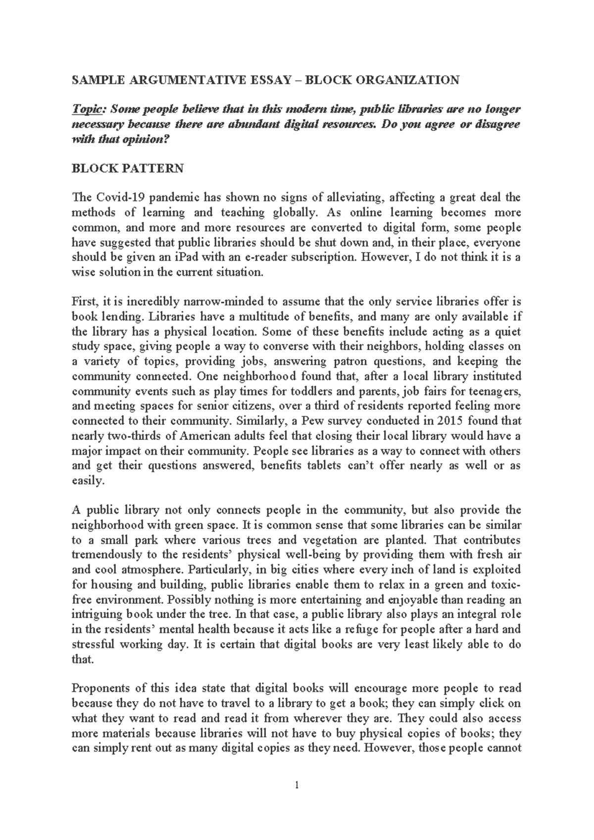 Sample argumentative essay. Block pattern 2 - SAMPLE ARGUMENTATIVE ...