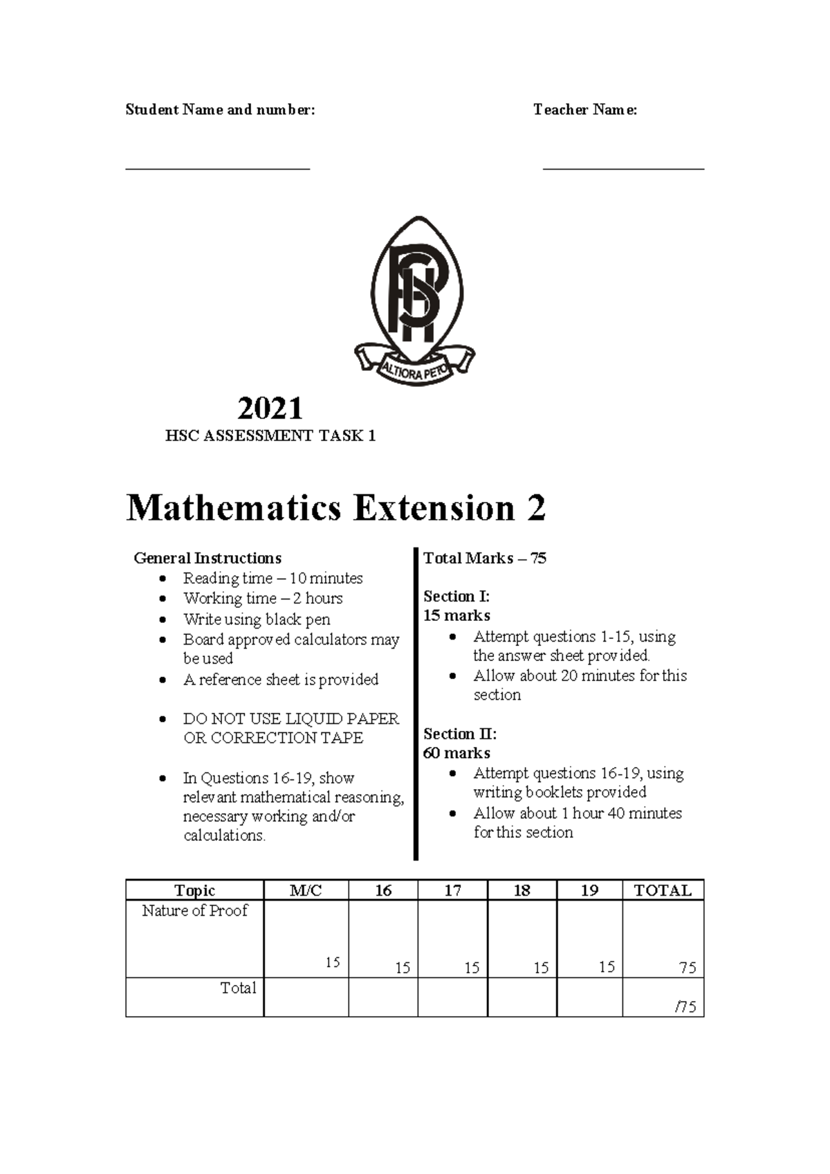 2022 Yr12 Ext 2 Task 1 (Term 4 2021) - Student Name and number: Teacher Name: 2021 HSC ...