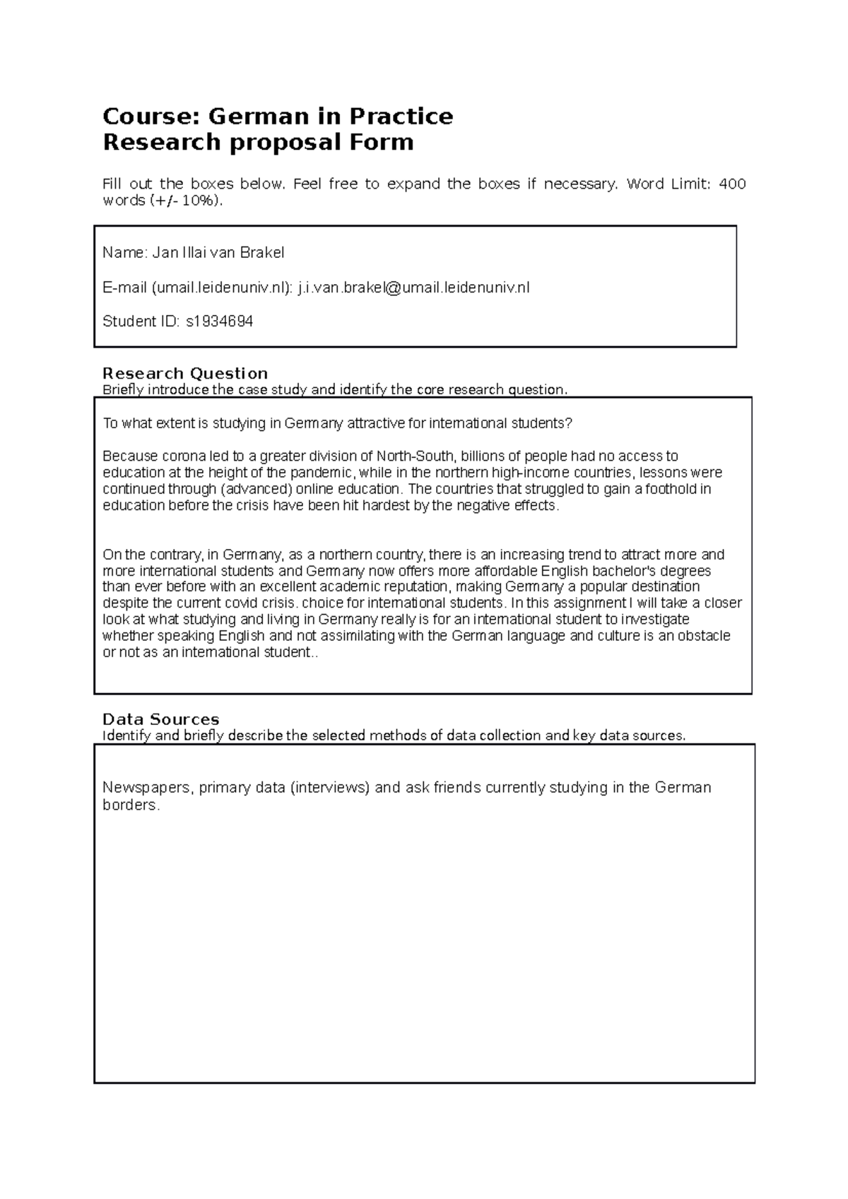 Research proposal form - Course: German in Practice Research proposal ...
