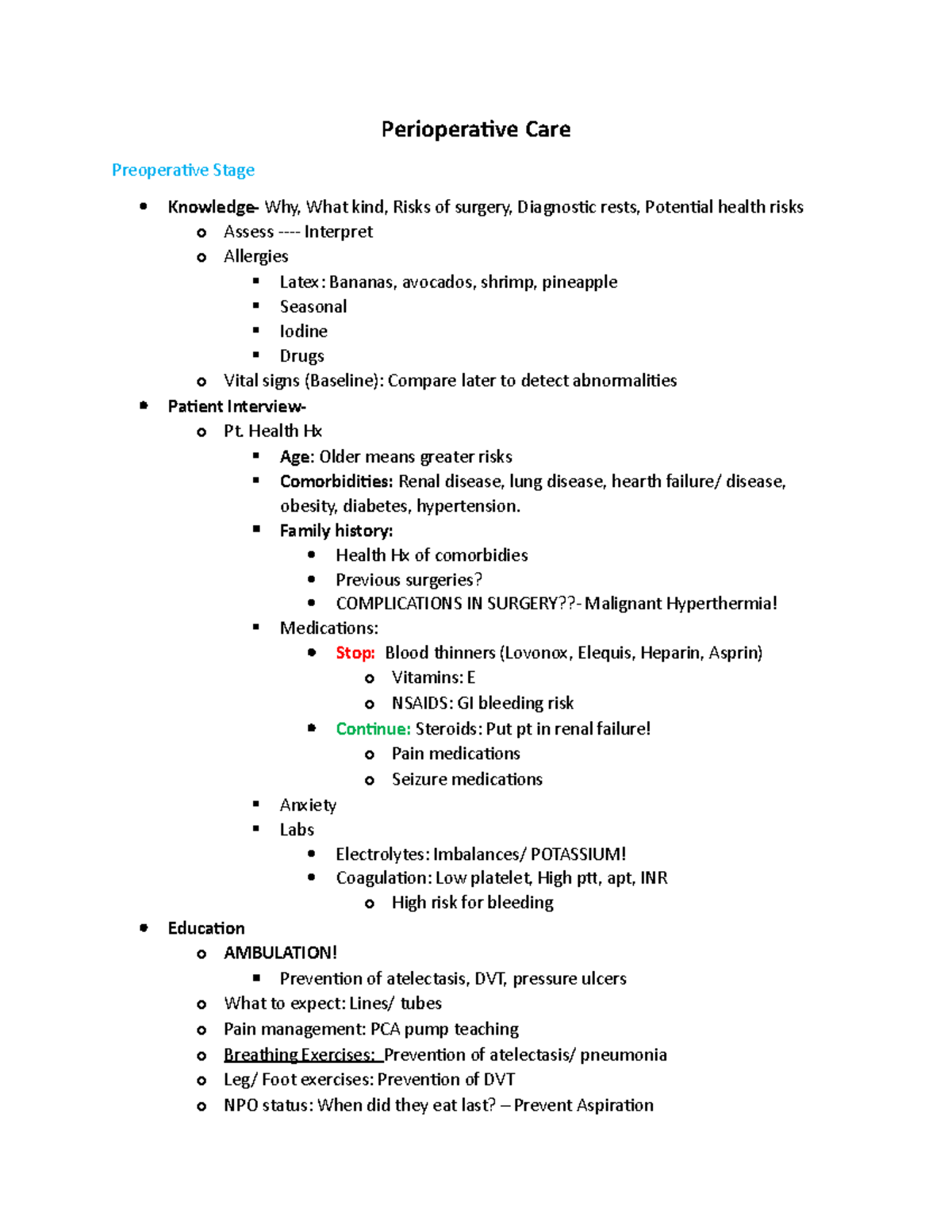 Peroperative Notes - Pre- peri- and post op education, assessment ...