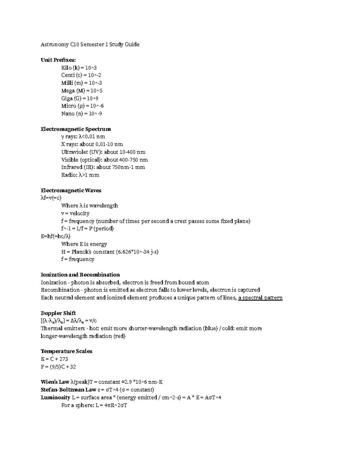 Astro C10 Final Study Guide - Astronomy C10 Semester 1 Study Guide Unit ...