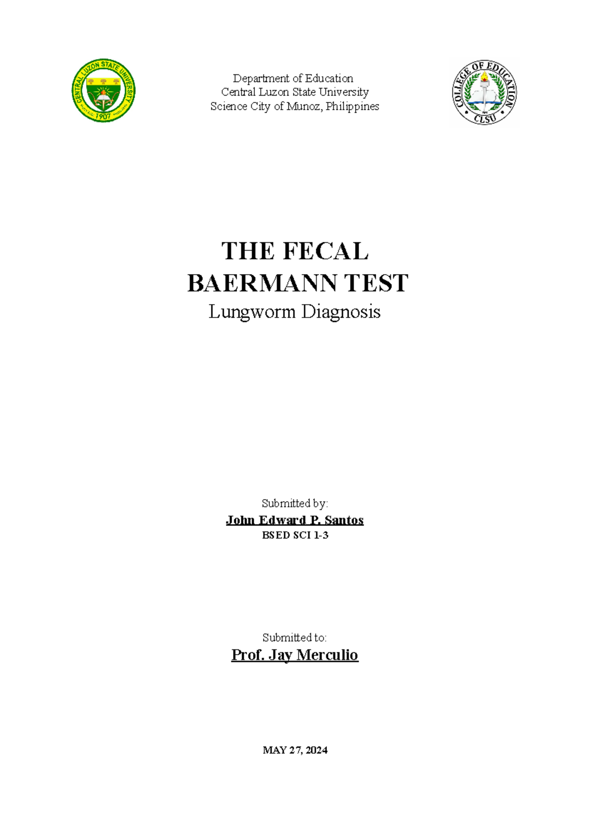 The Fecal Baermann Tes1 - Department of Education Central Luzon State ...