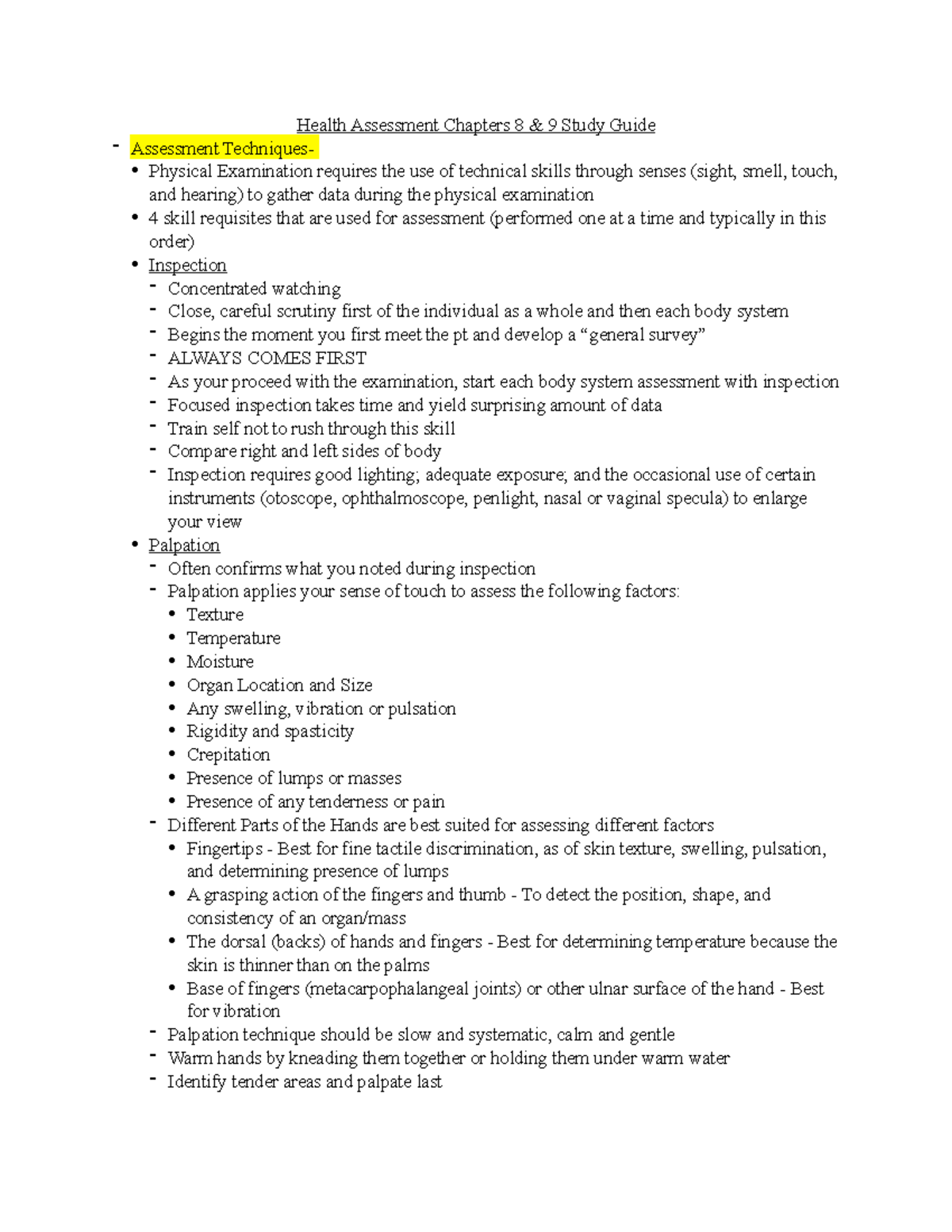 Health Assessment Chapters 8 & 9 Study Guide - Health Assessment ...