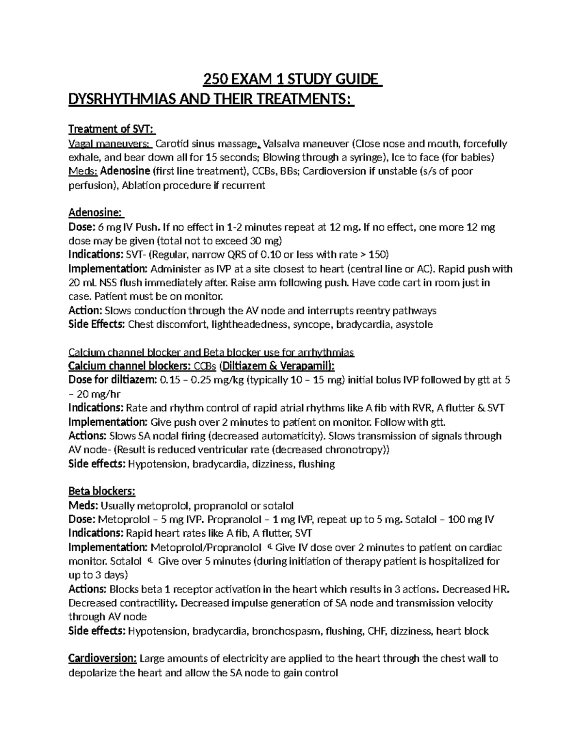 study guide Dysrhythmia and treatments - 250 EXAM 1 STUDY GUIDE ...