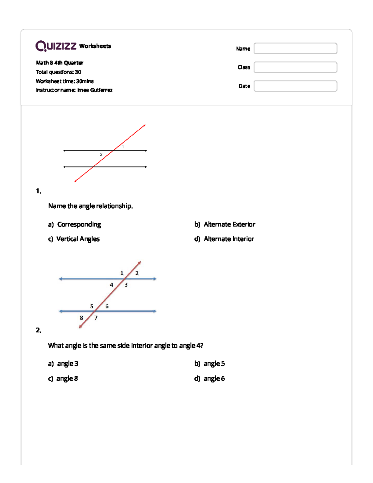 Math 8 4th Quarter Quizizz - Worksheets Math 8 4th Quarter Total ...