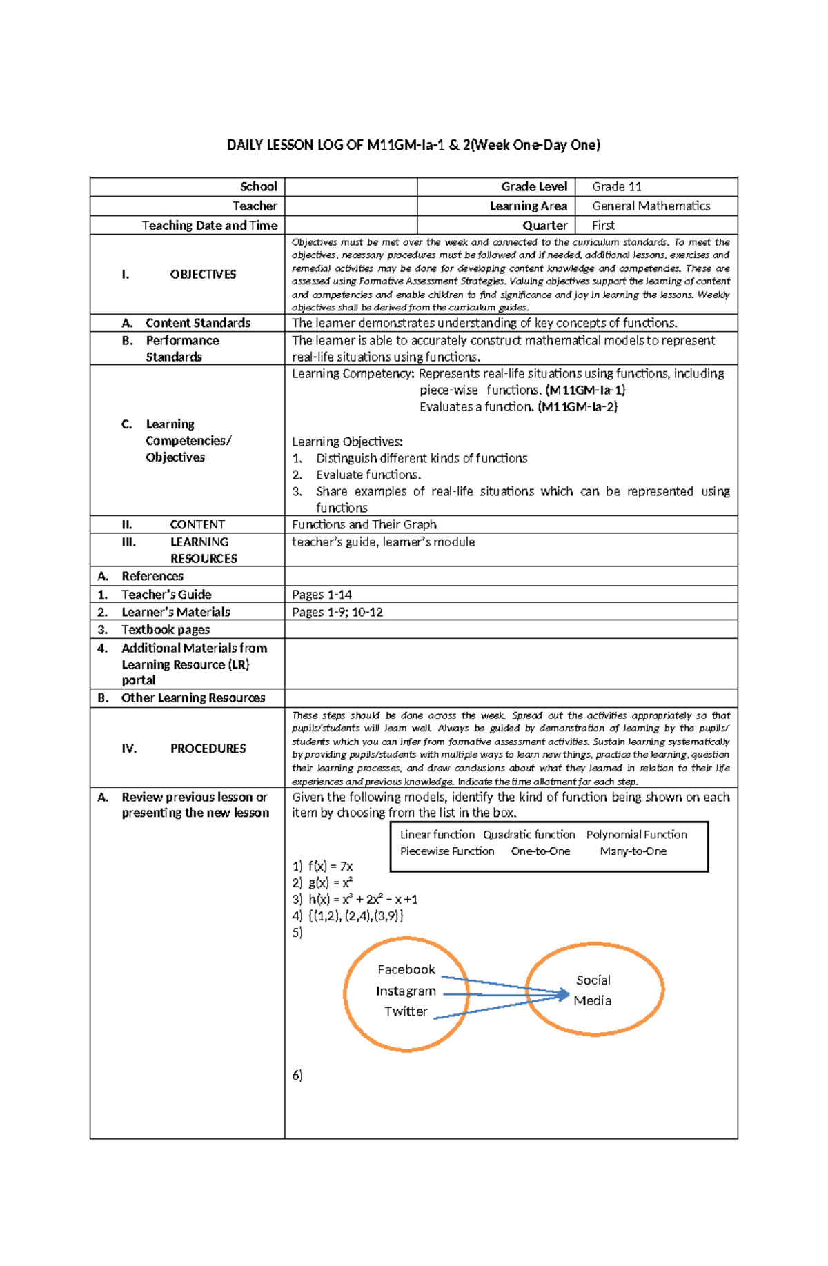 SAMPLE LESSON PLAN - DAILY LESSON LOG OF M11GM-Ia-1 & 2(Week One-Day ...