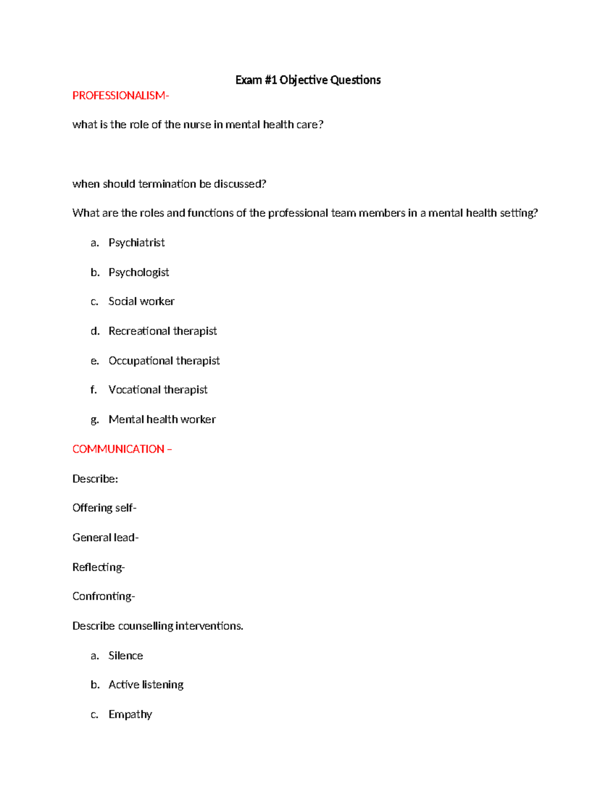 Exam #1 - STUDY MATERIAL - Exam #1 Objective Questions PROFESSIONALISM ...