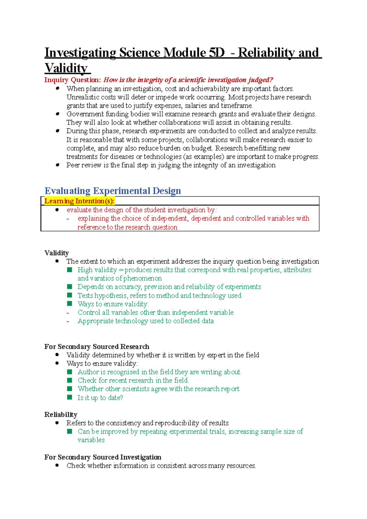 Investigating Science Module 5D - Reliability and Validity ...