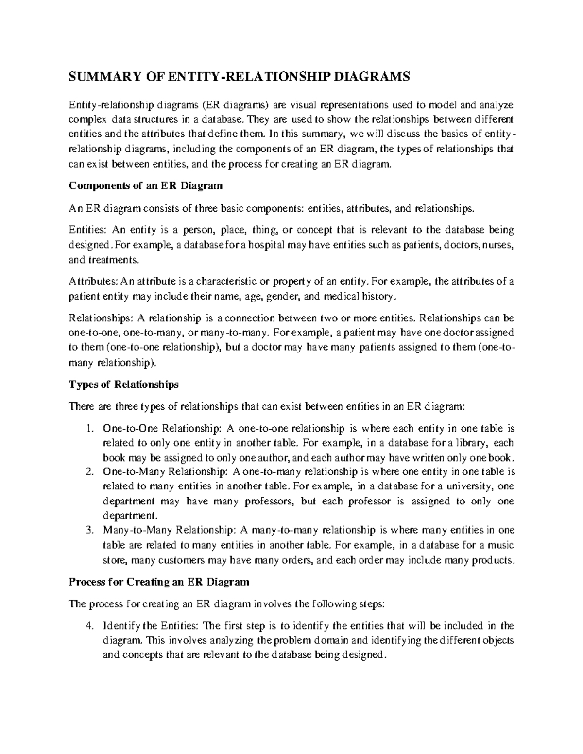 Summary of Entity- Relationship Diagrams - SUMMARY OF ENTITY ...