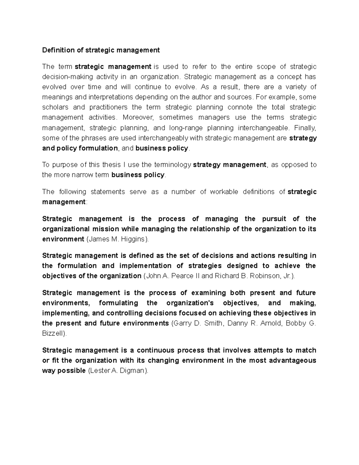 Key terms notes - Definition of strategic management The term strategic ...