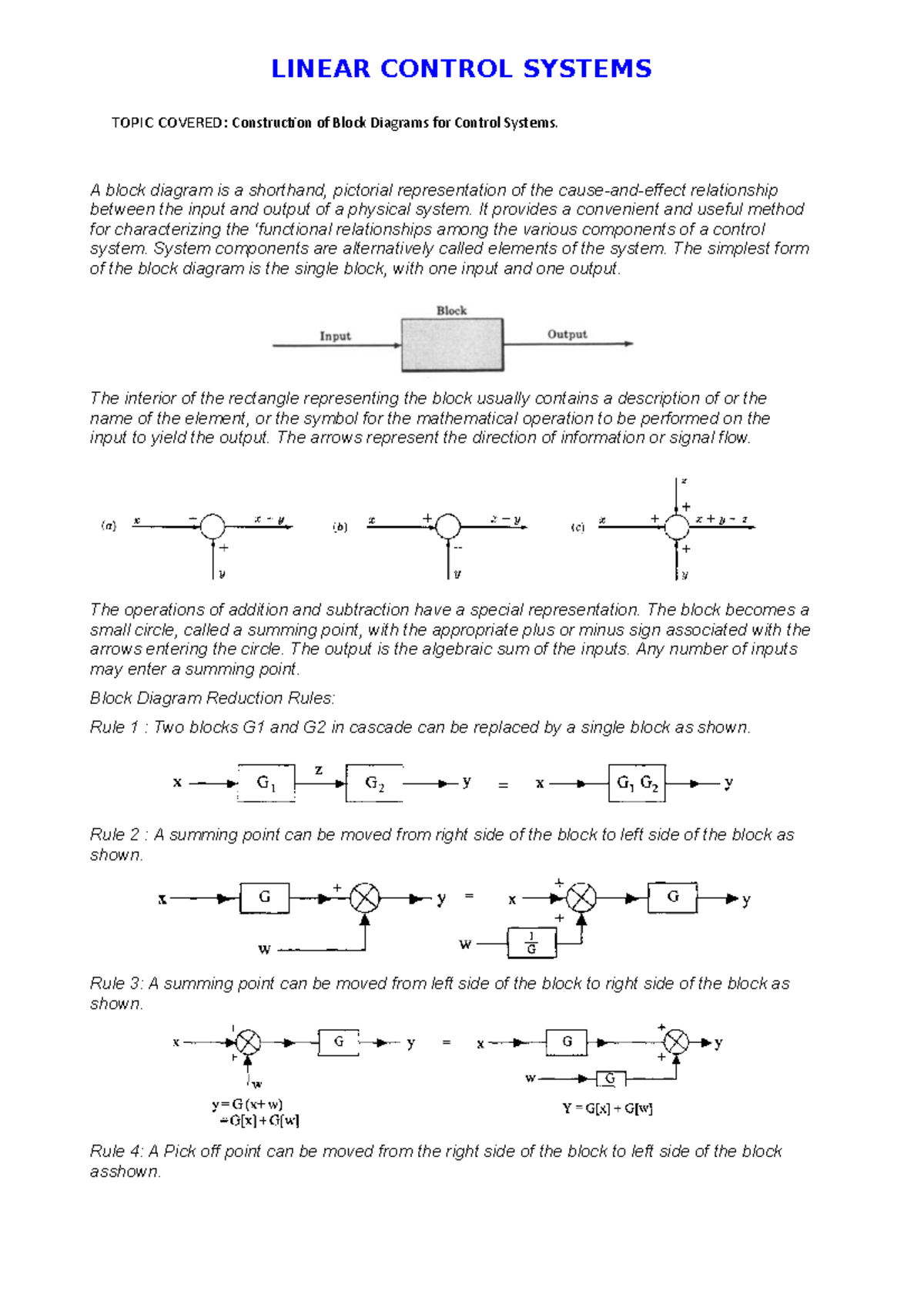 Construction of Block Diagrams for Control Systems - A block diagram is ...