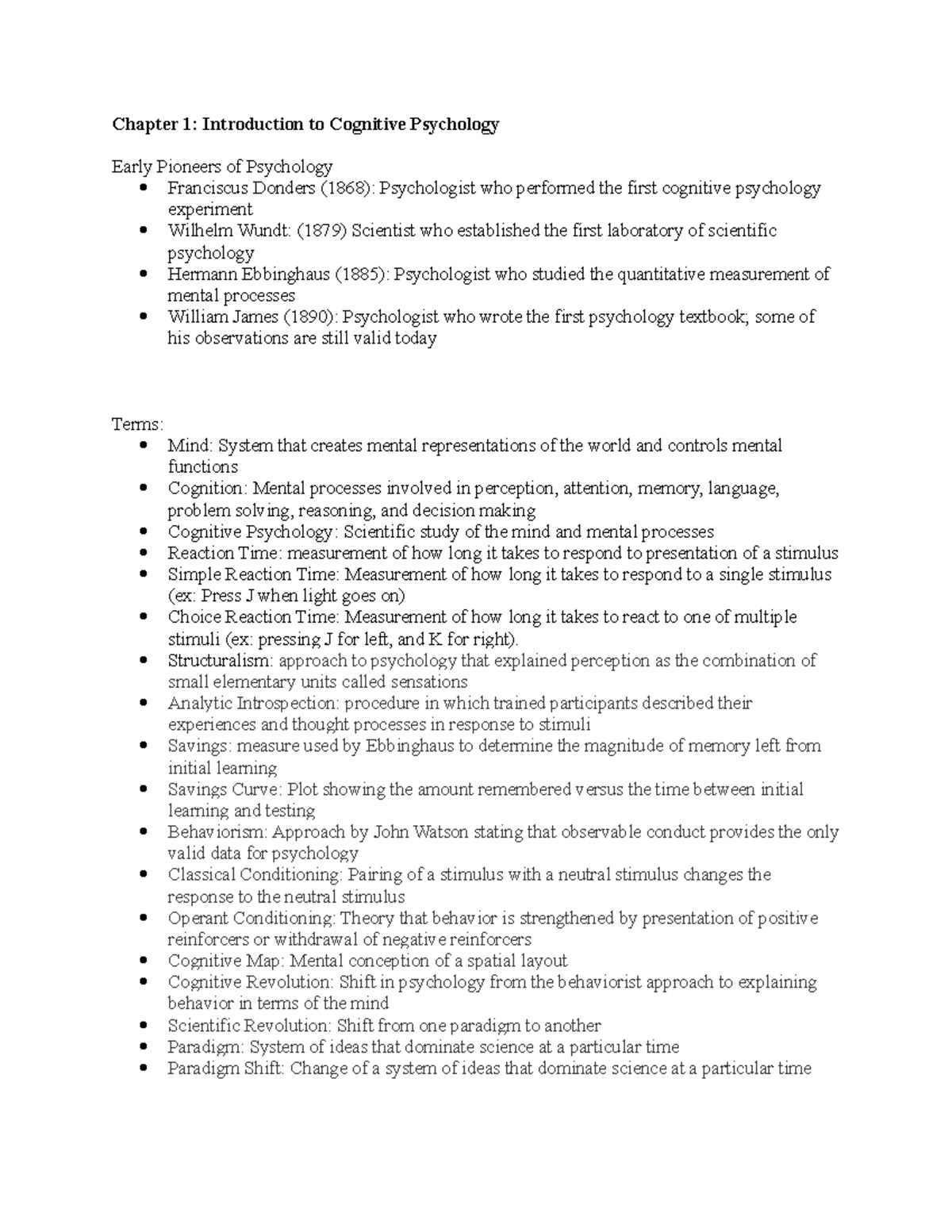 Cognitive Processes Notes - Chapter 1: Introduction to Cognitive ...