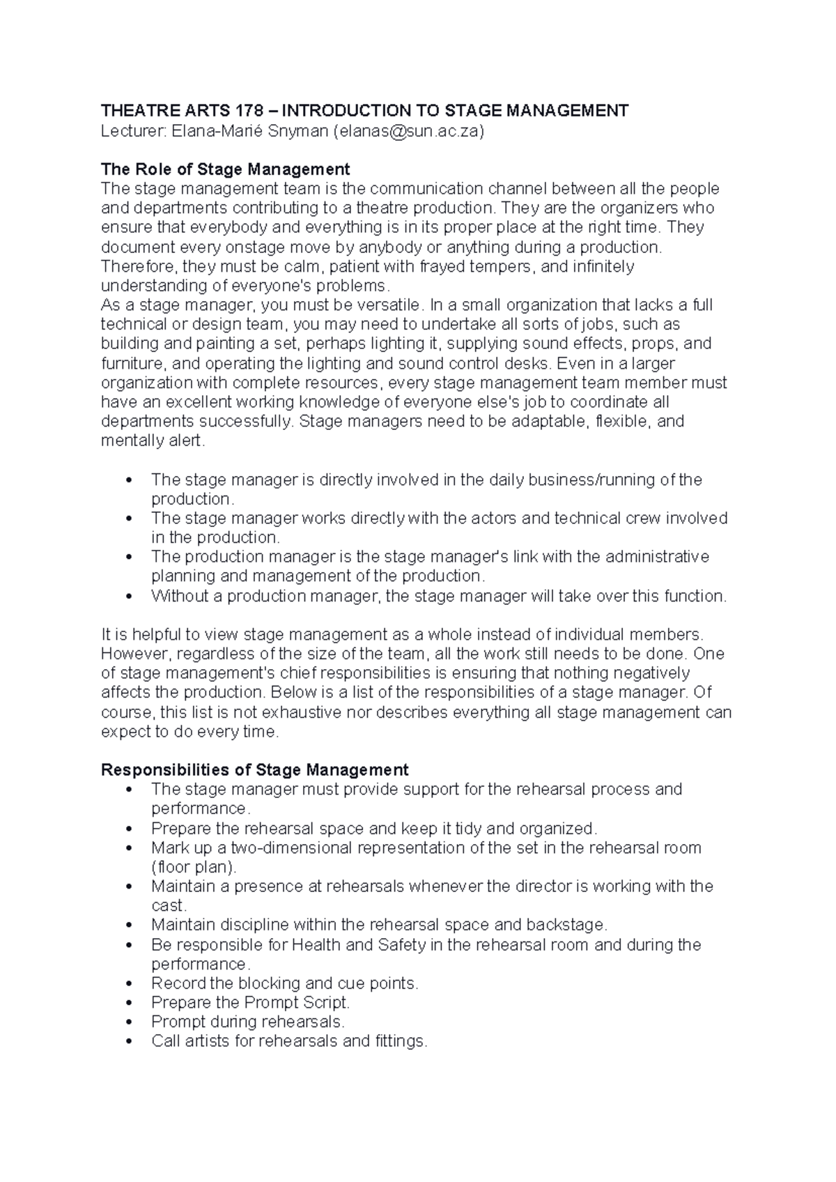 03 The Role of the Stage Manager 2 - THEATRE ARTS 178 – INTRODUCTION TO ...
