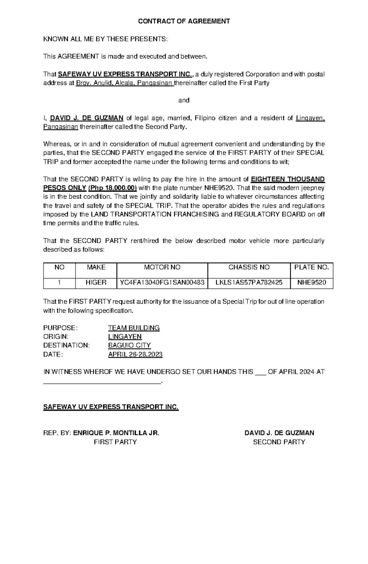 Contract OF Agreement Special Permit FORM - CONTRACT OF AGREEMENT KNOWN ...