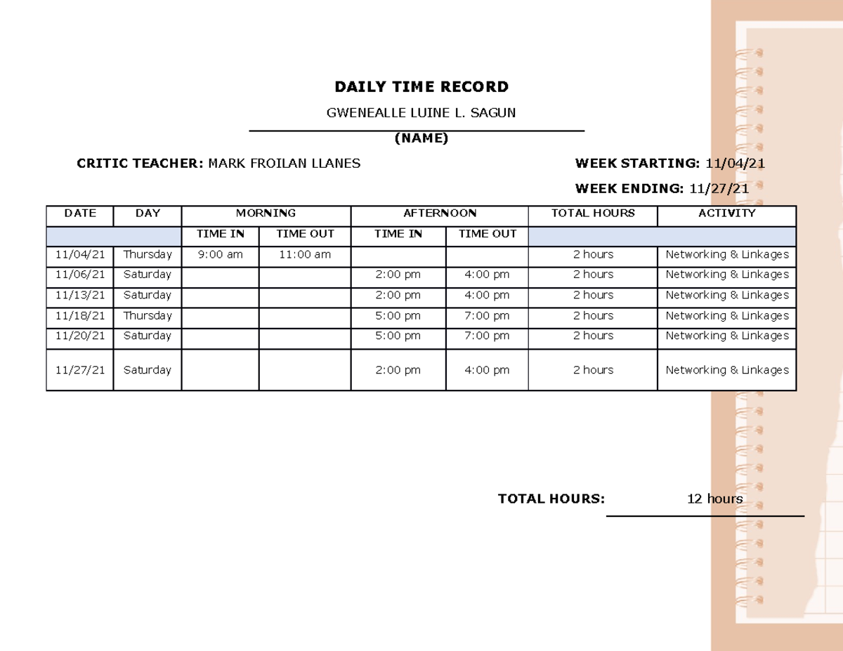 Daily TIME Record - GOD IS GOOD - GWENEALLE LUINE L. SAGUN (NAME ...