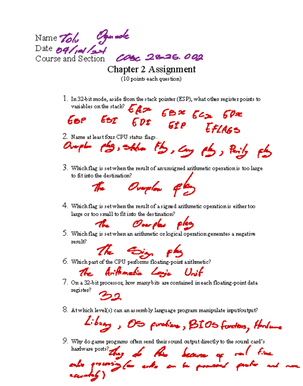 Chapter 2 Assessment Solved - Name Date Course and Section Chapter 2 Assignment (10 points each ...