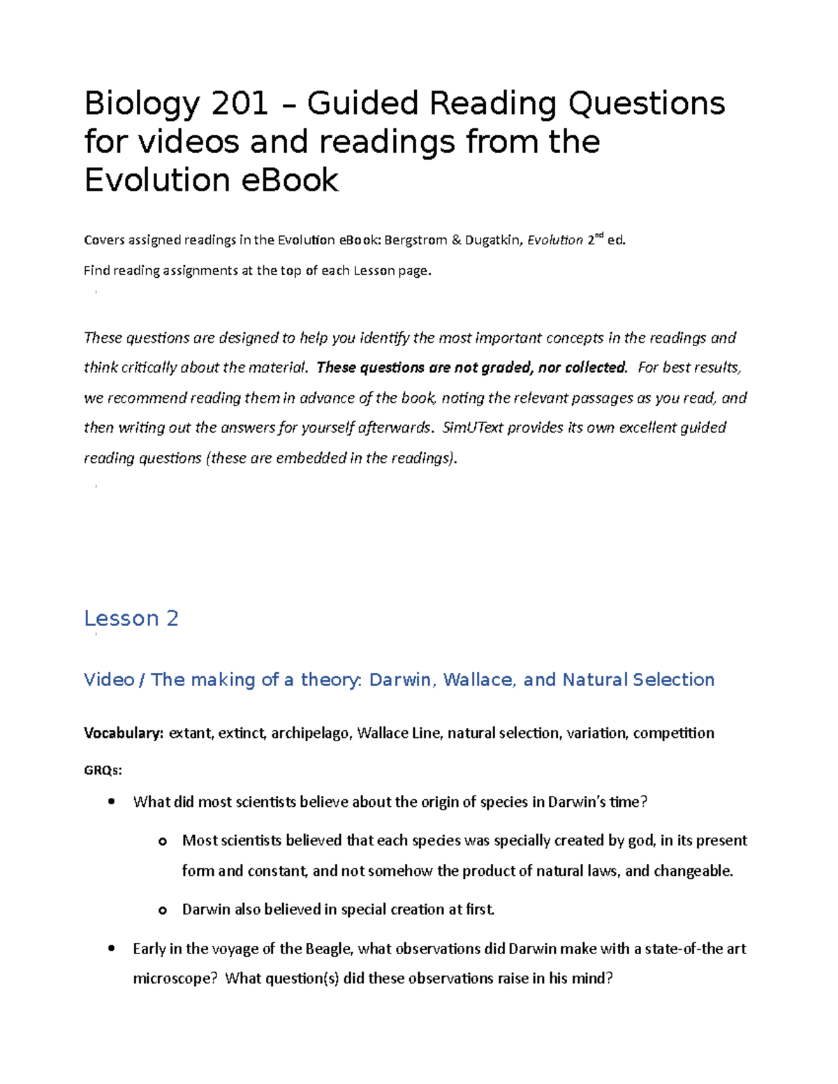 Evolution+GRQs+Lessons+2+thru+10 - Biology 201 – Guided Reading ...