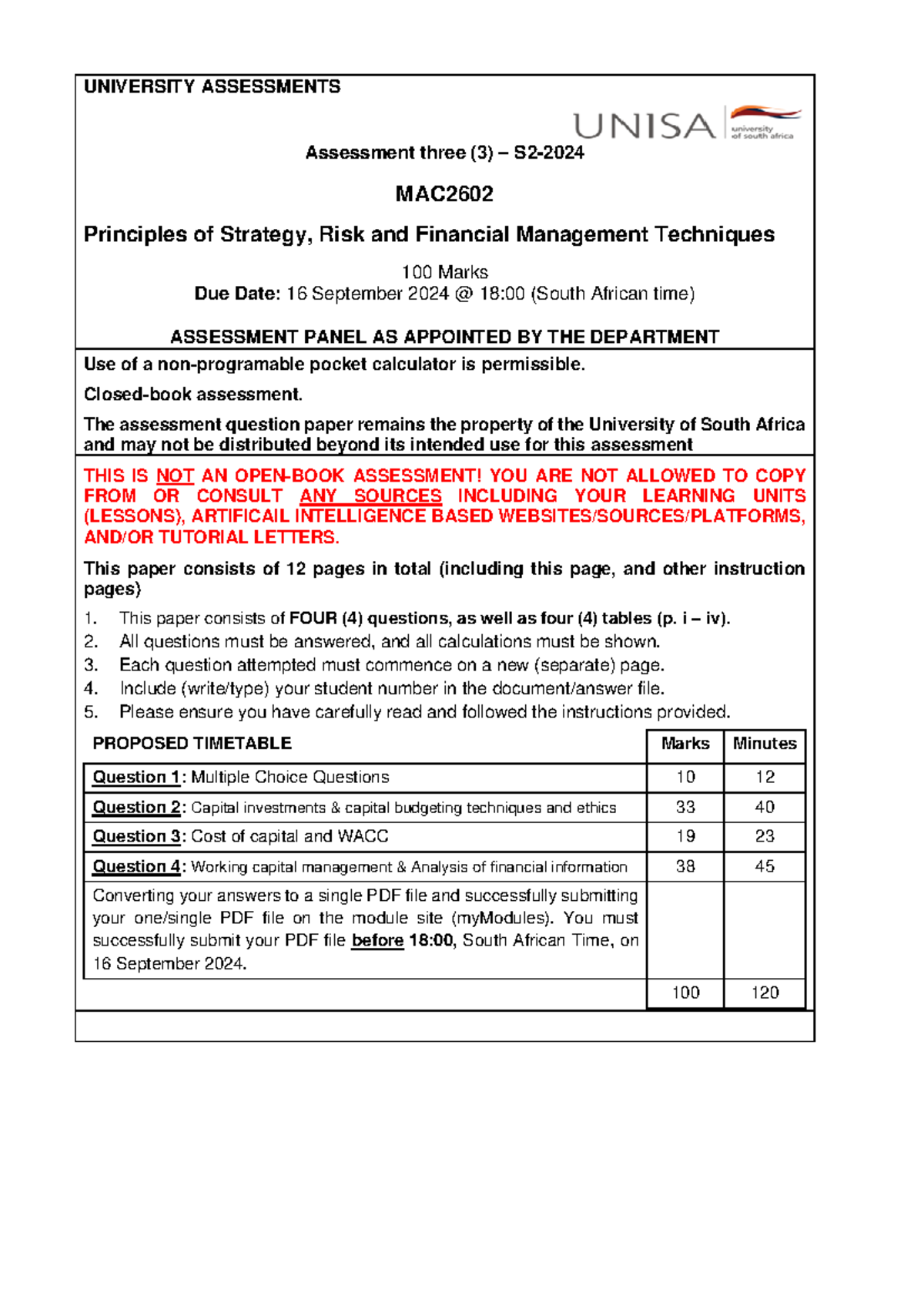 MAC2602 Assessment Three (3) S2-2024 Question Paper 12 Sept 2024 ...