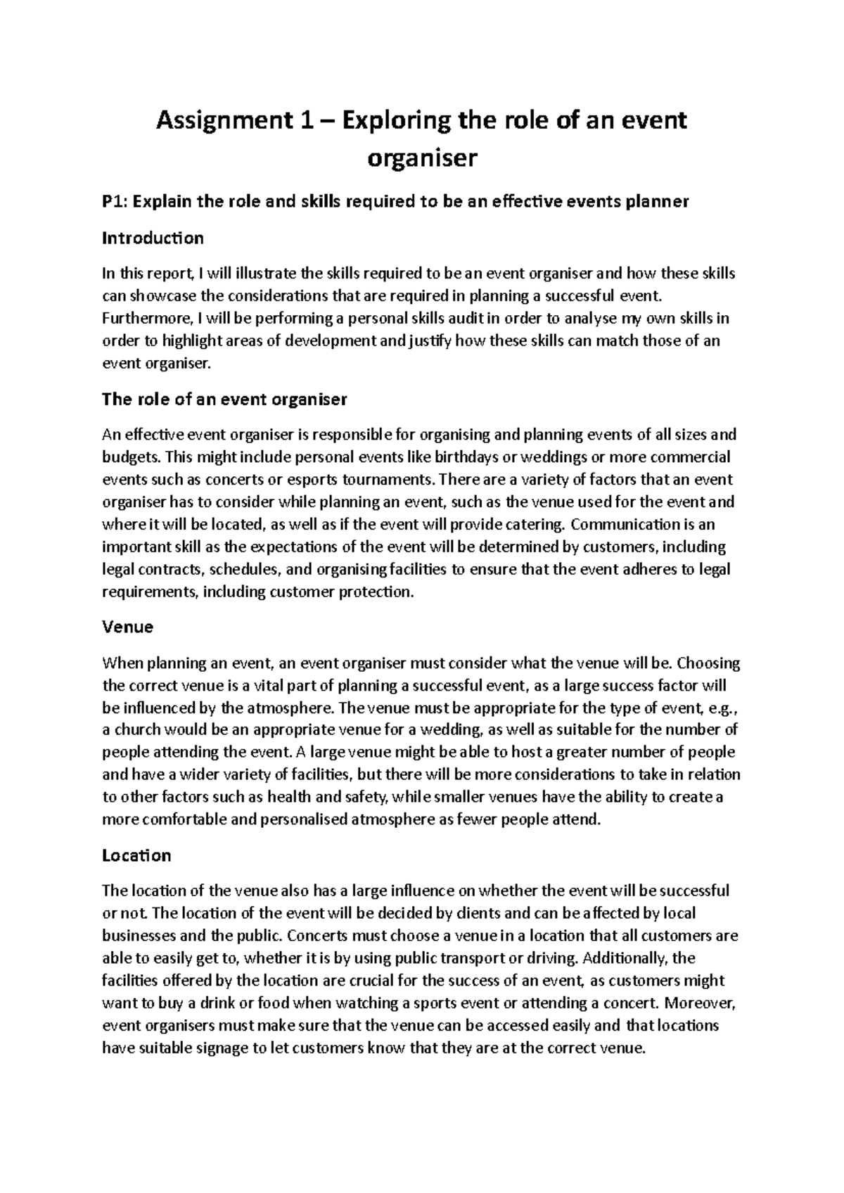 Unit 4 Assignment 1 - Unit 4 - Assignment 1 – Exploring the role of an event organiser P1 ...