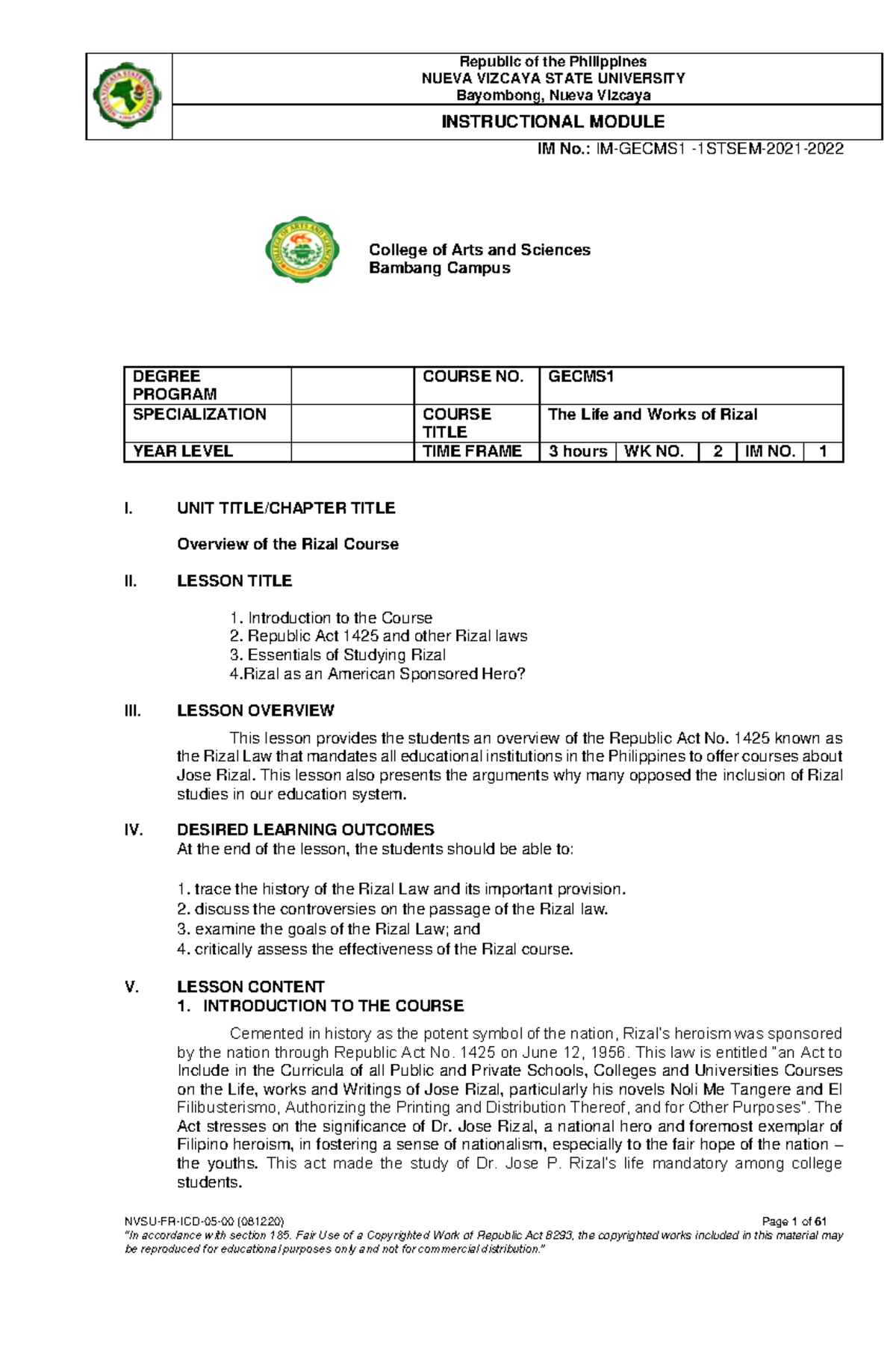 The Life and Works of Rizal Midterms - NUEVA VIZCAYA STATE UNIVERSITY ...