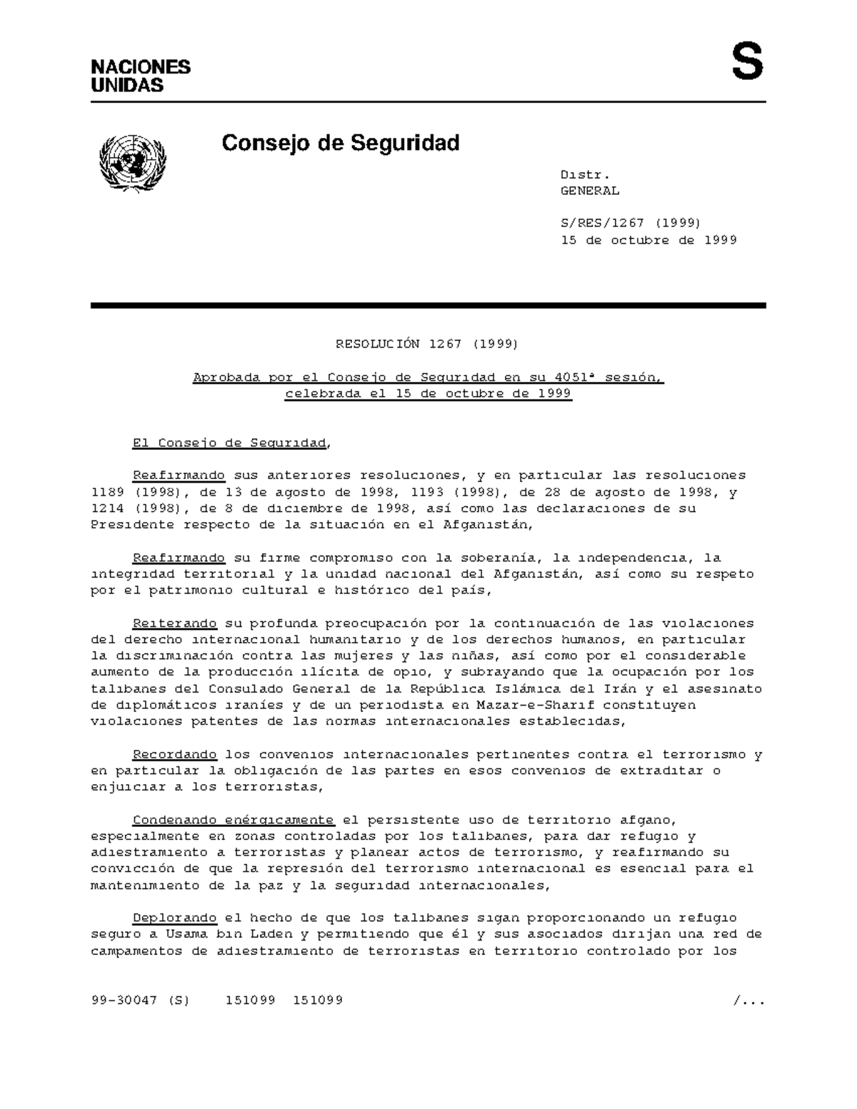 Resolucion 1267-Consejo de Seguridad-ONU - NACIONESNACIONES 99-30047 (S ...