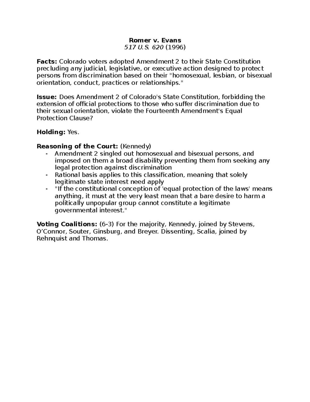 Romer v Evans - POLS/AAST 356 taught by Professor Kevin Lyles ...