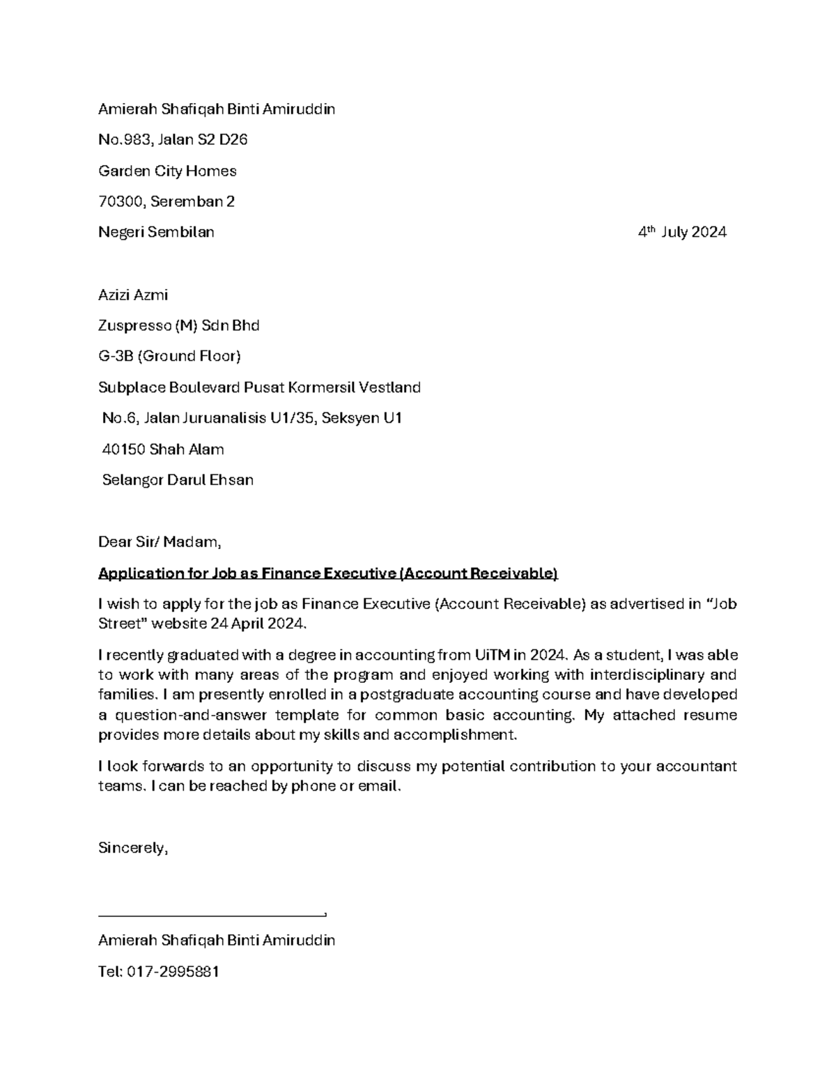 Job application letter. - Amierah Shafiqah Binti Amiruddin No, Jalan S2 ...