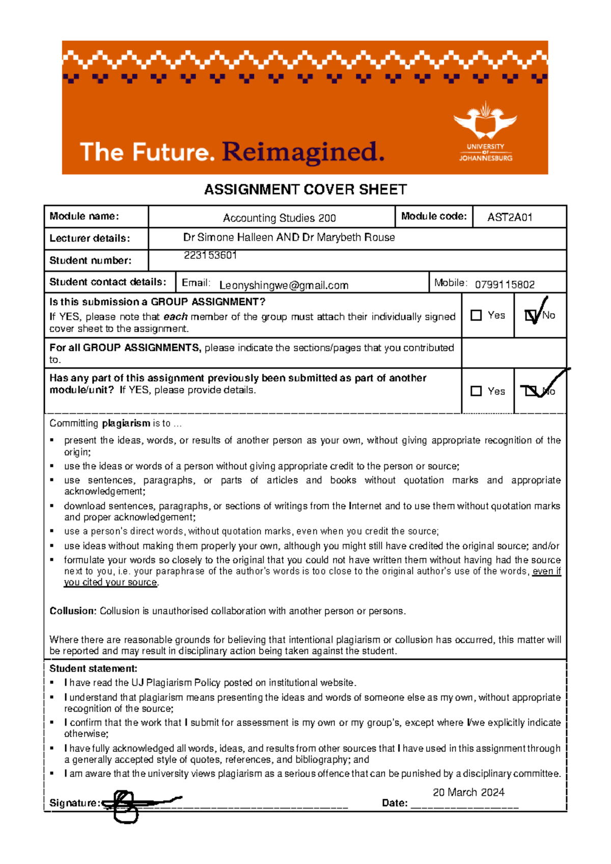 Declaration Form - form - ASSIGNMENT COVER SHEET Module name: Module ...