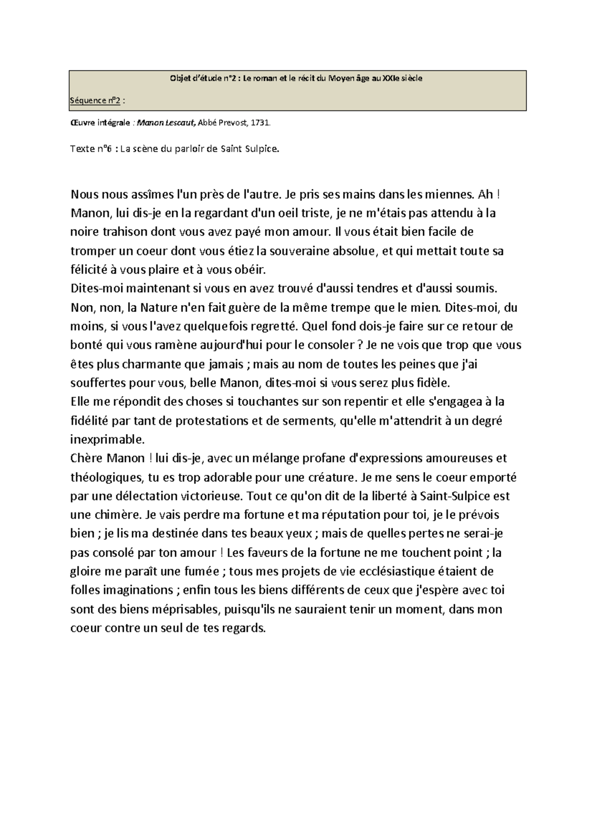Manon texte - Objet d’étude n°2 : Le roman et le récit du Moyen âge au ...