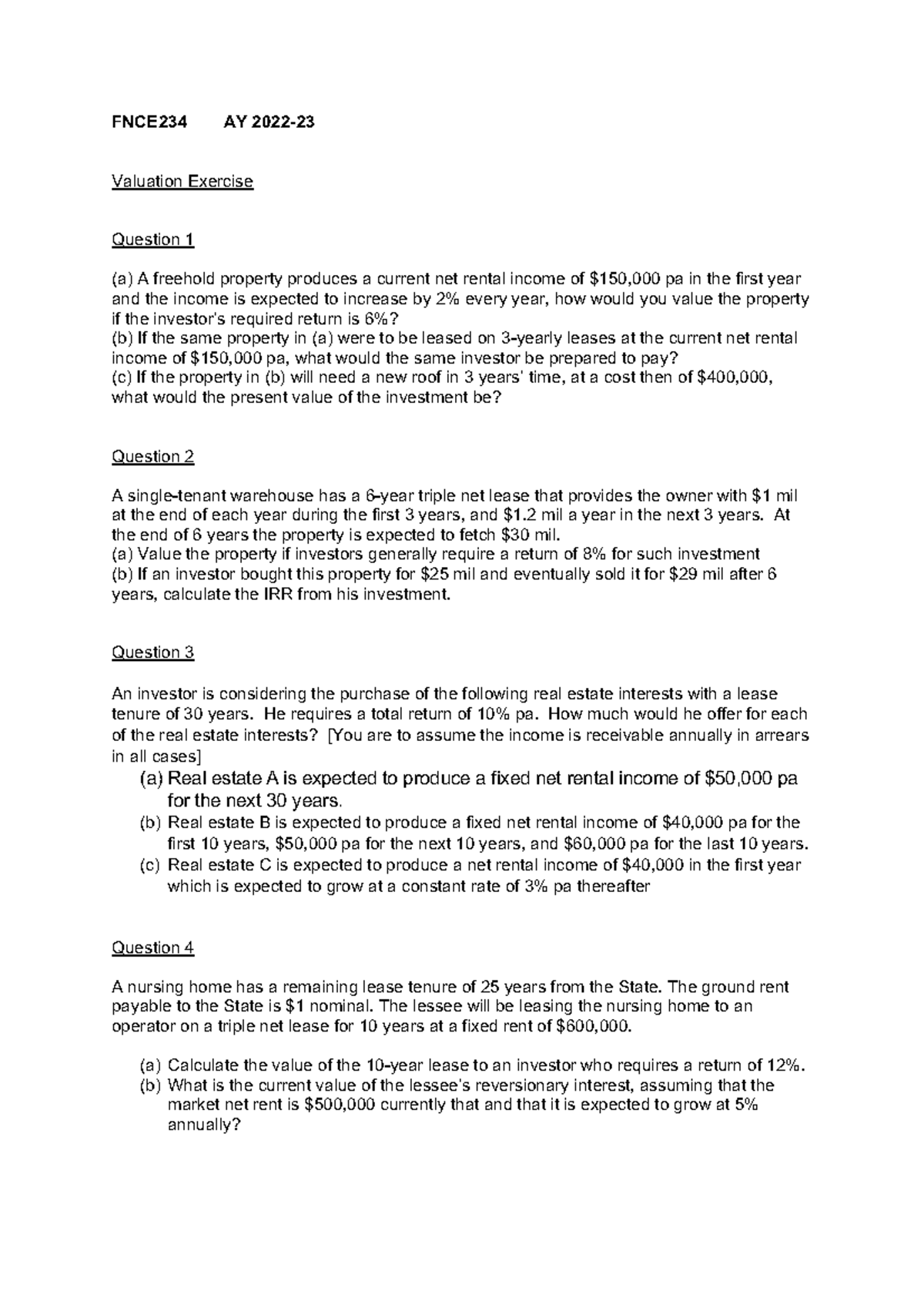 Valuation Exercise 2023 - FNCE234 AY 2022- Valuation Exercise Question ...