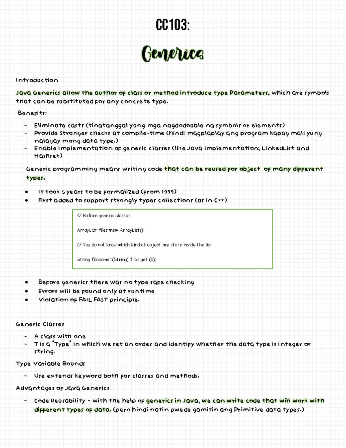 CC103- Notes - none - CC103: Introduction Java Generics allow the ...