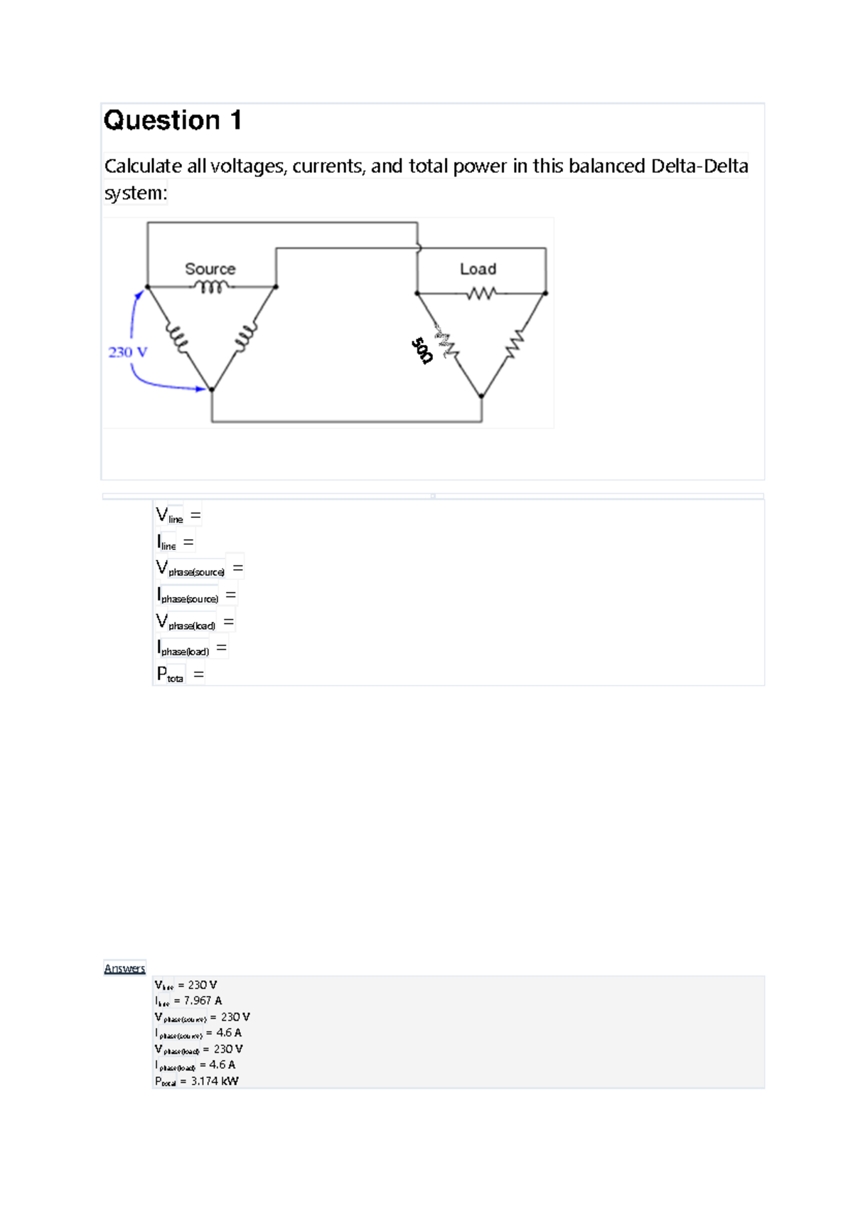 3Phase Problems - AC theory examples - Calculate all voltages, currents, and total power in this ...