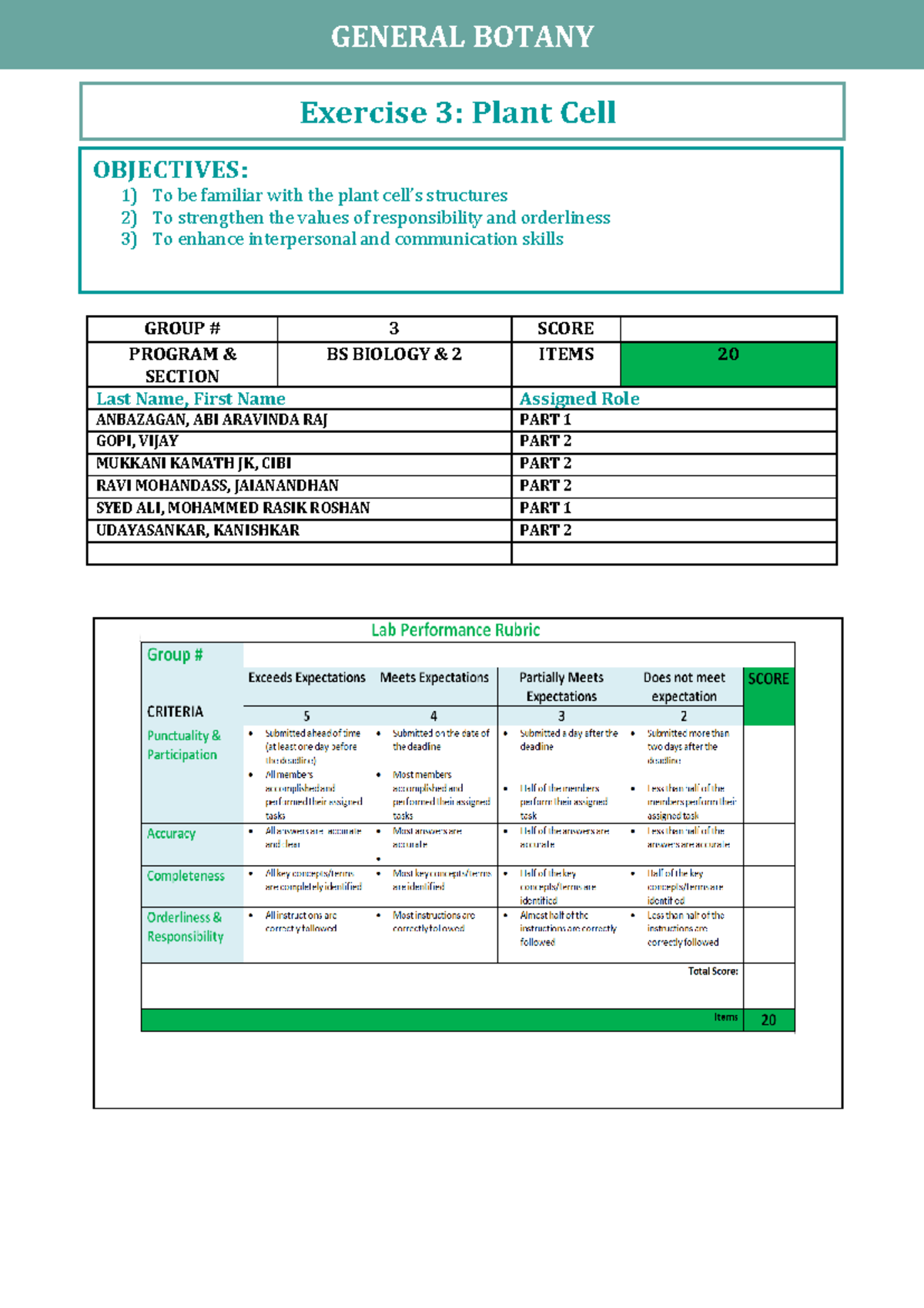 General Botany- Lab Exercise 3 Plant Cell(2) - GENERAL BOTANY Exercise ...