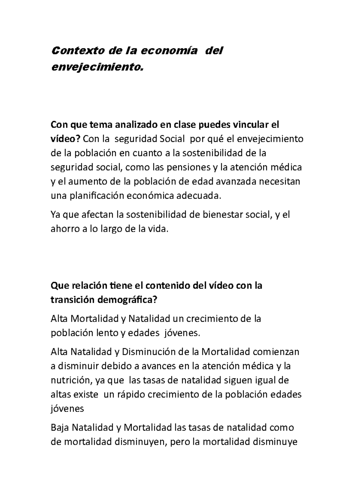 Economía - Apuntes - Contexto de la economía del envejecimiento. Con ...