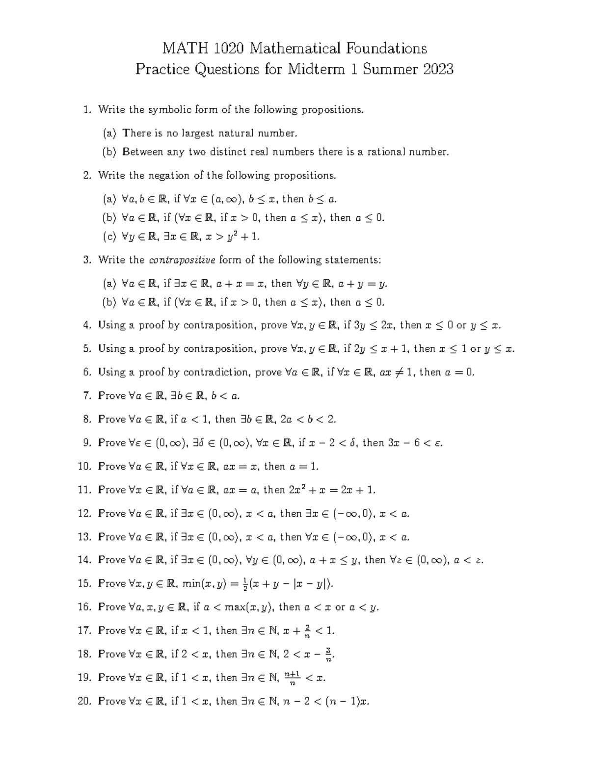 Practice Questions Test 1 S23 - MATH-1020 - U of W - Studocu