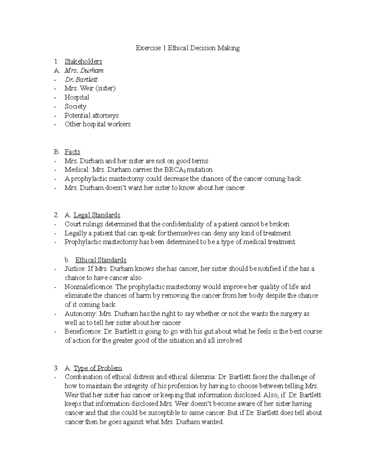 Exercise 1 Ethical Decision Making - Exercise 1 Ethical Decision Making ...