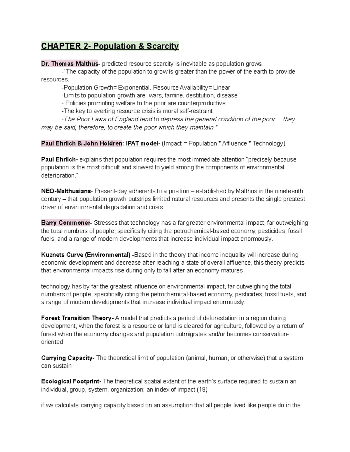 ENVST 2100 Chapter 2 Textbook notes- Population & Scarcity - CHAPTER 2 ...
